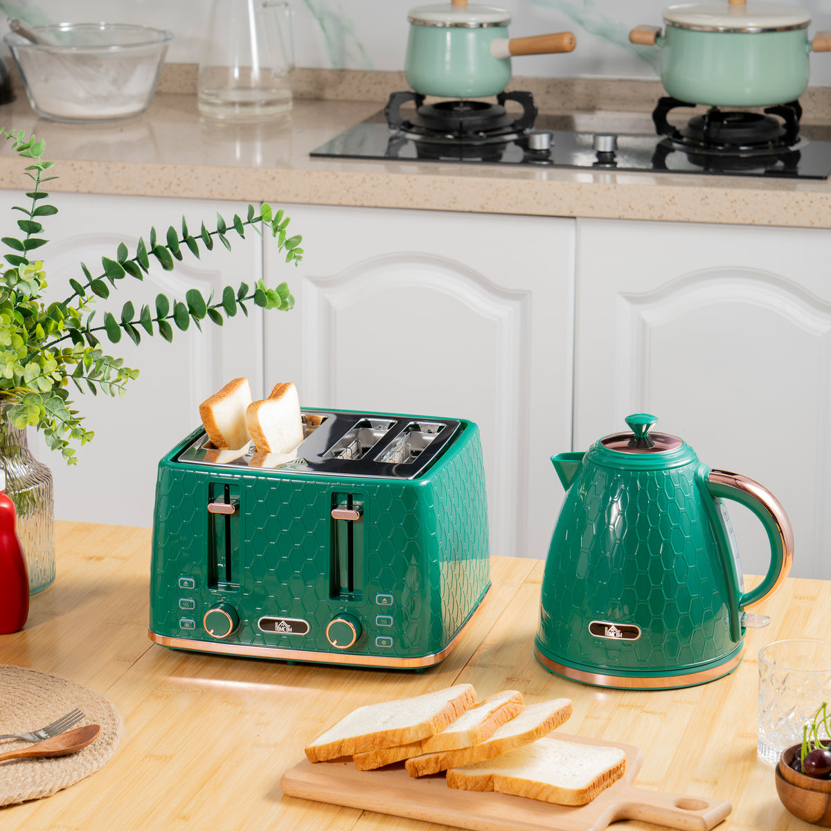 1.7L Kettle and Toaster Set with Defrost Reheat and Crumb Tray Green ...